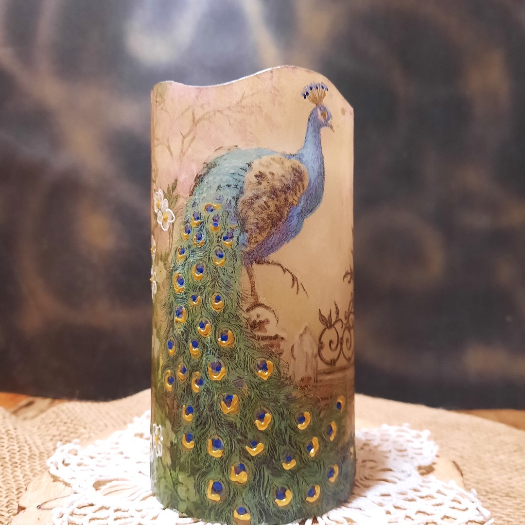 LED Candle Peacock. Royal Peacocks Large Pillar Candle, 3D Effect ...