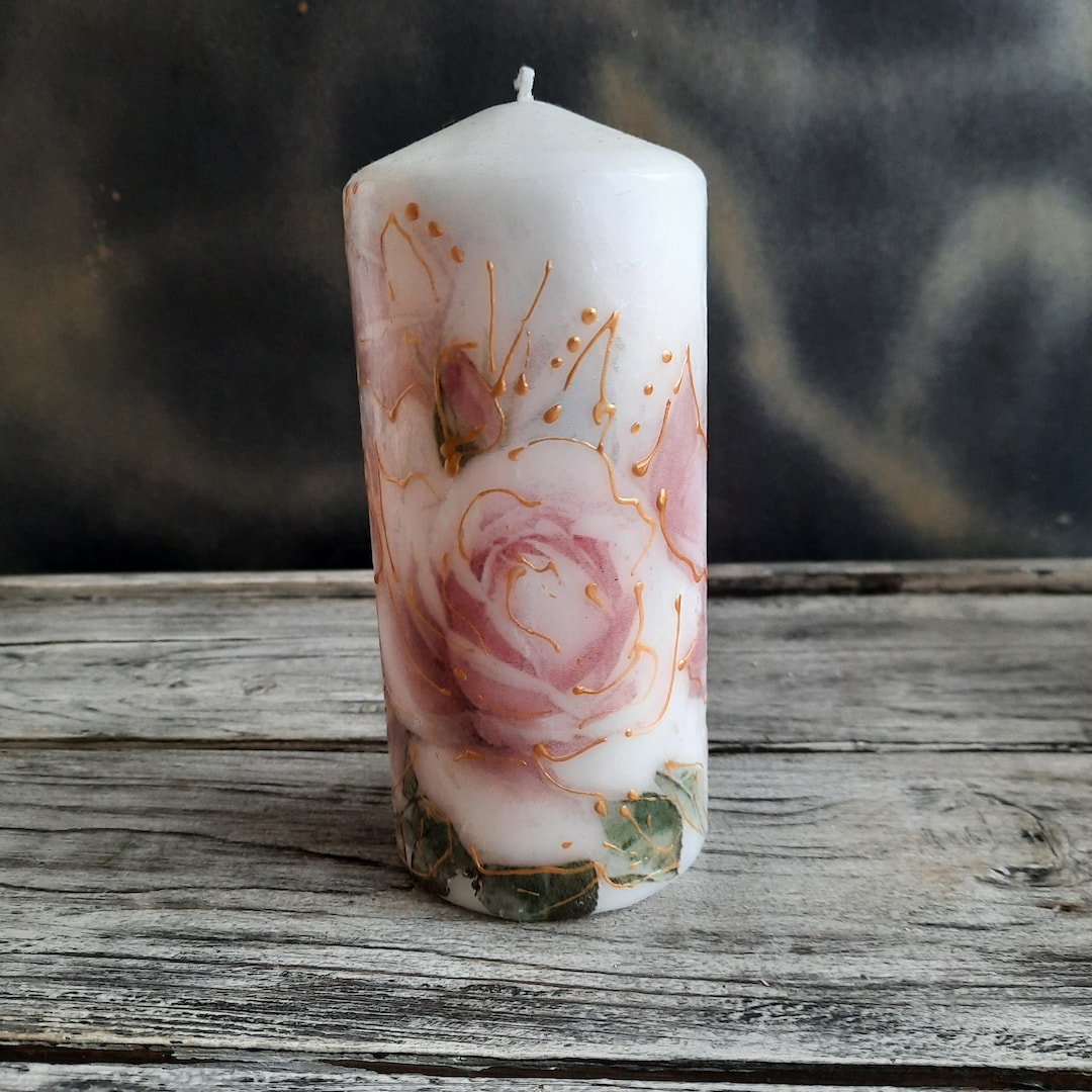 Decorated Candle With Roses. Romantic Candle With Pink Roses. Decoupage ...