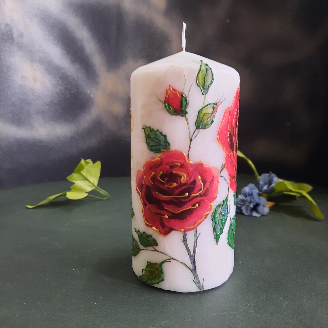 Decoupage Candle With Red Roses. Hand Decorated Pillar Candles With ...
