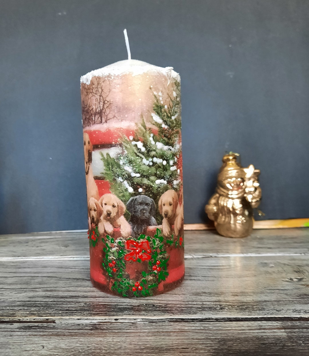 Christmas Hand Decorated Dog Candle. Decorative Candle Christmas Tree ...