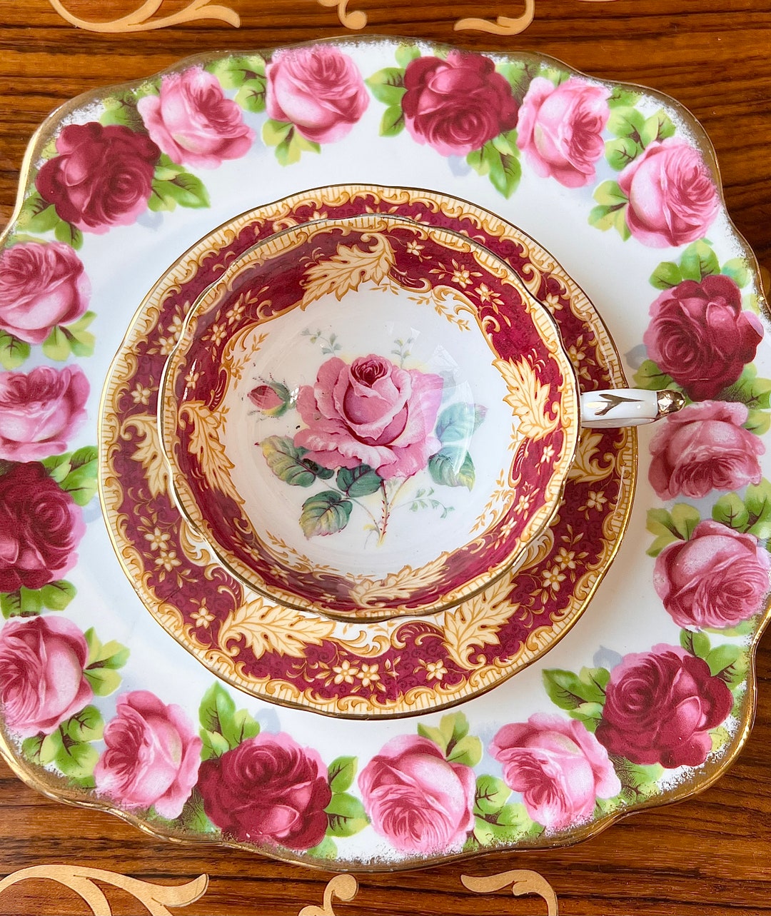 Paragon Cabbage Rose Teacup in Burgundy - Etsy