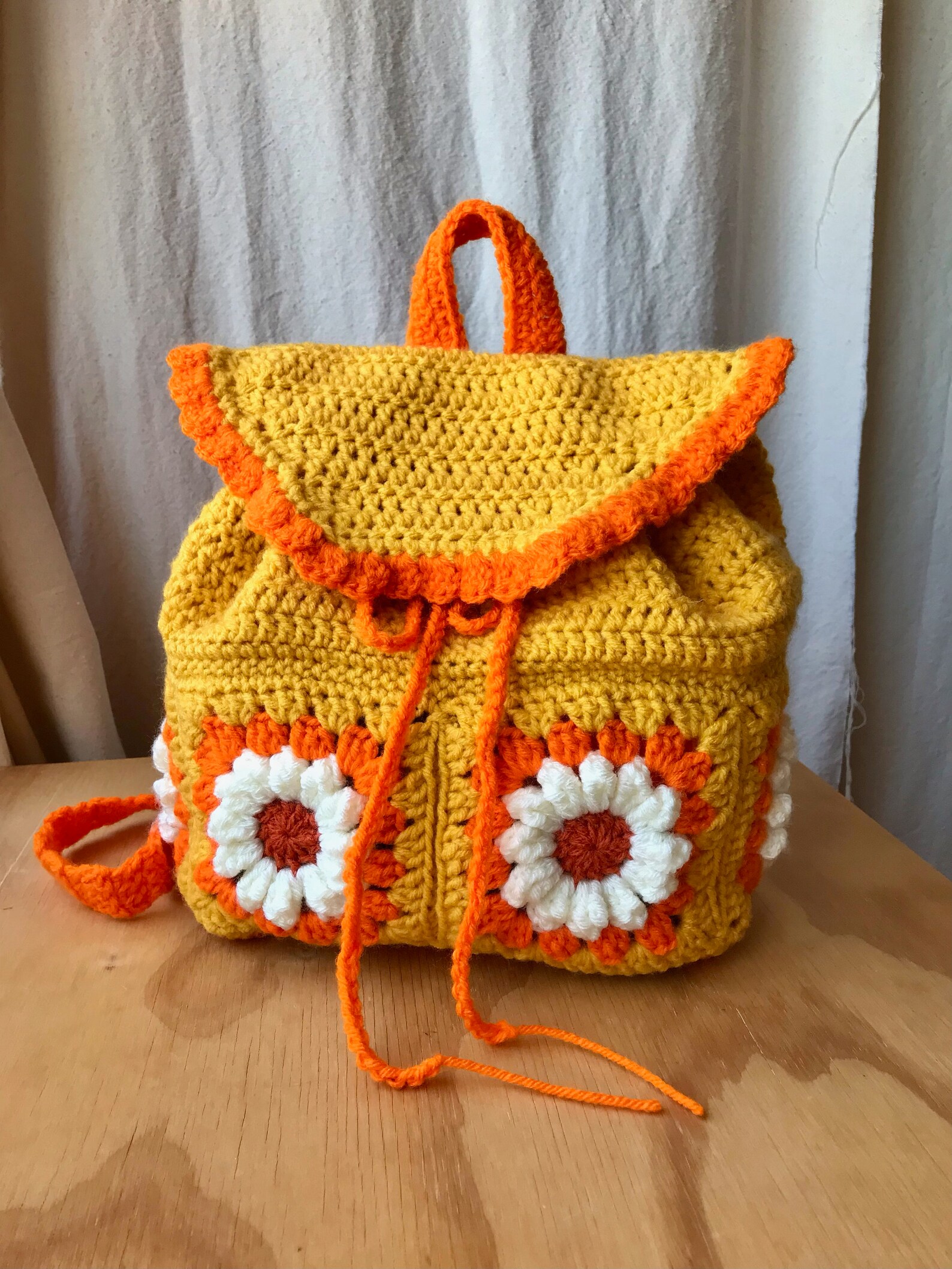 70s Crochet Daisy Backpack, Yellow Daisy Crochet Backpack, Boho Daisy ...