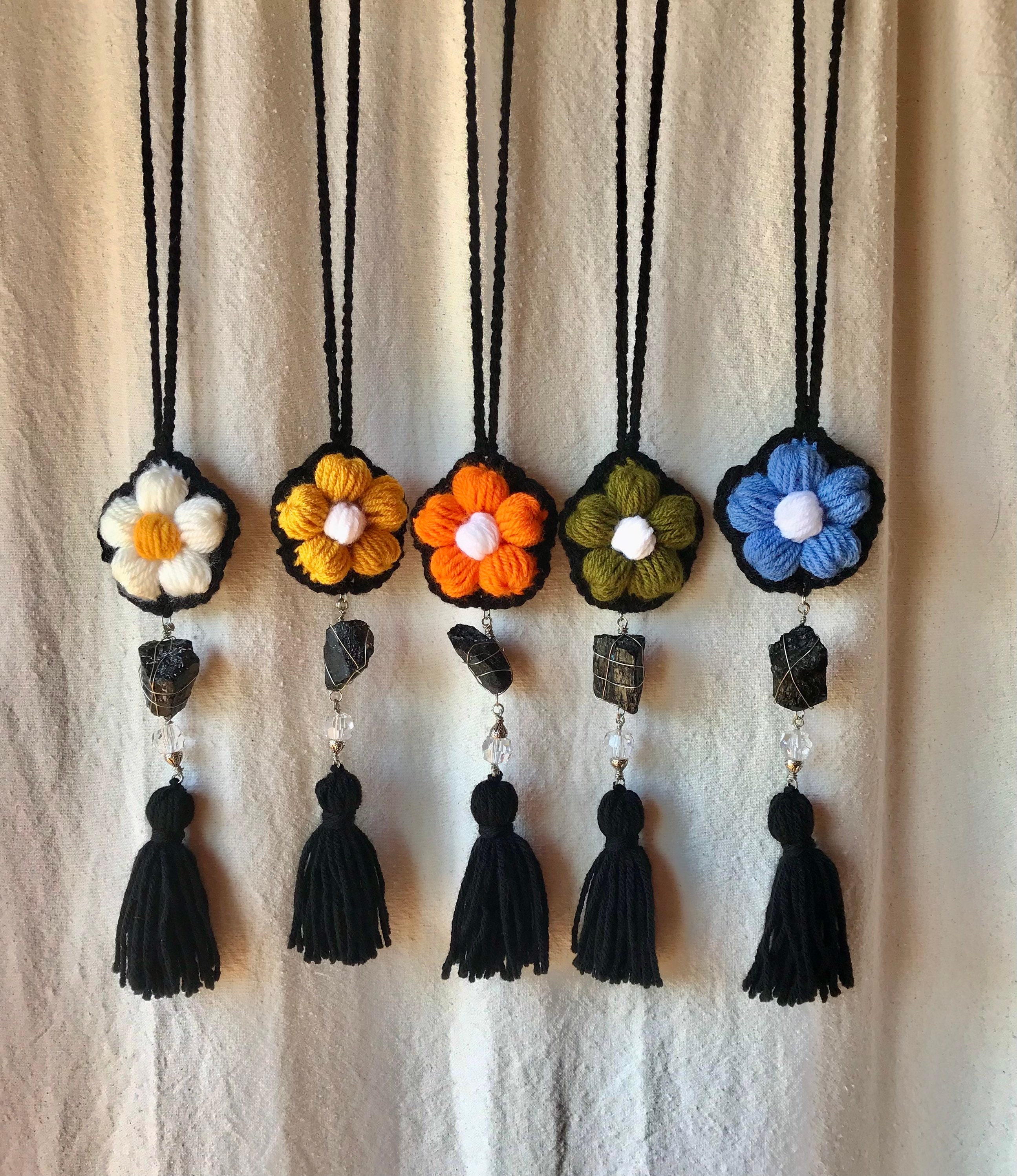 Crochet Groovy Daisy Flower Rear View Mirror Hanger Black Tourmaline ...