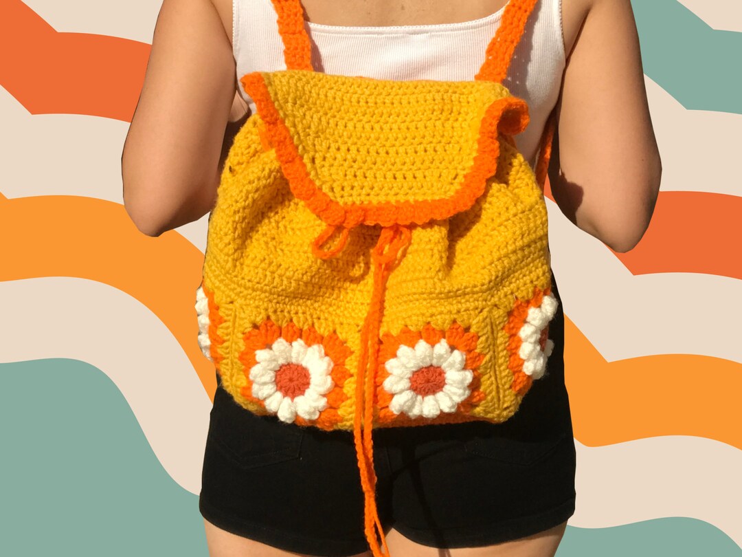 70s Crochet Daisy Backpack, Yellow Daisy Crochet Backpack, Boho Daisy ...
