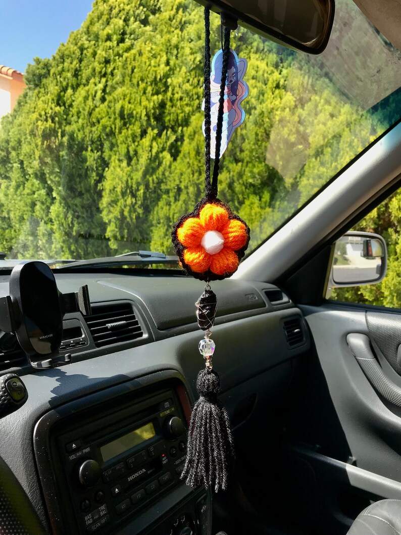 Crochet Groovy Daisy Flower Rear View Mirror Hanger Black Tourmaline ...