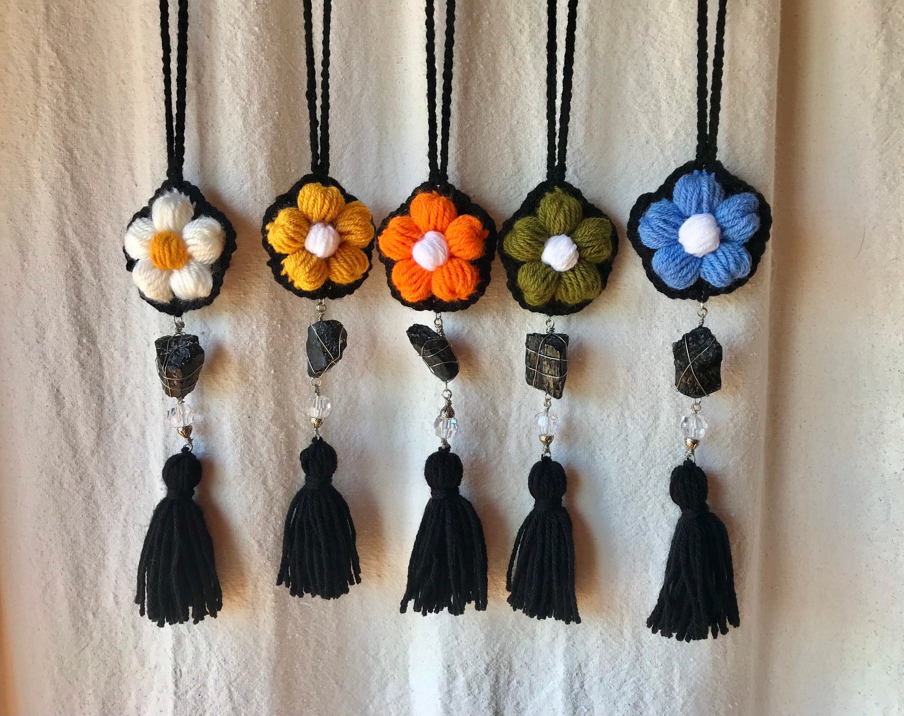 Crochet Groovy Daisy Flower Rear View Mirror Hanger Black - Etsy