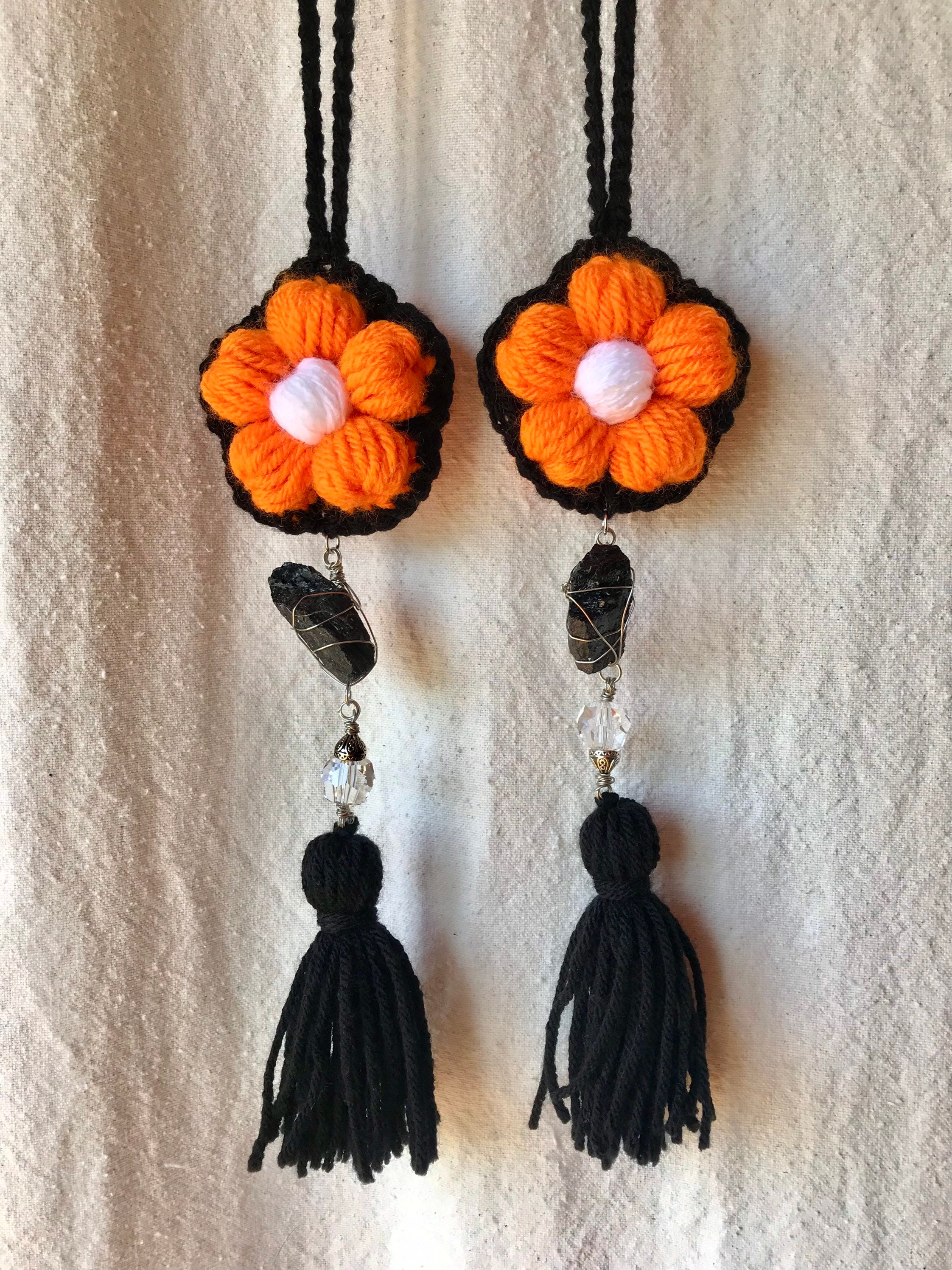 Crochet Groovy Daisy Flower Rear View Mirror Hanger Black Tourmaline ...