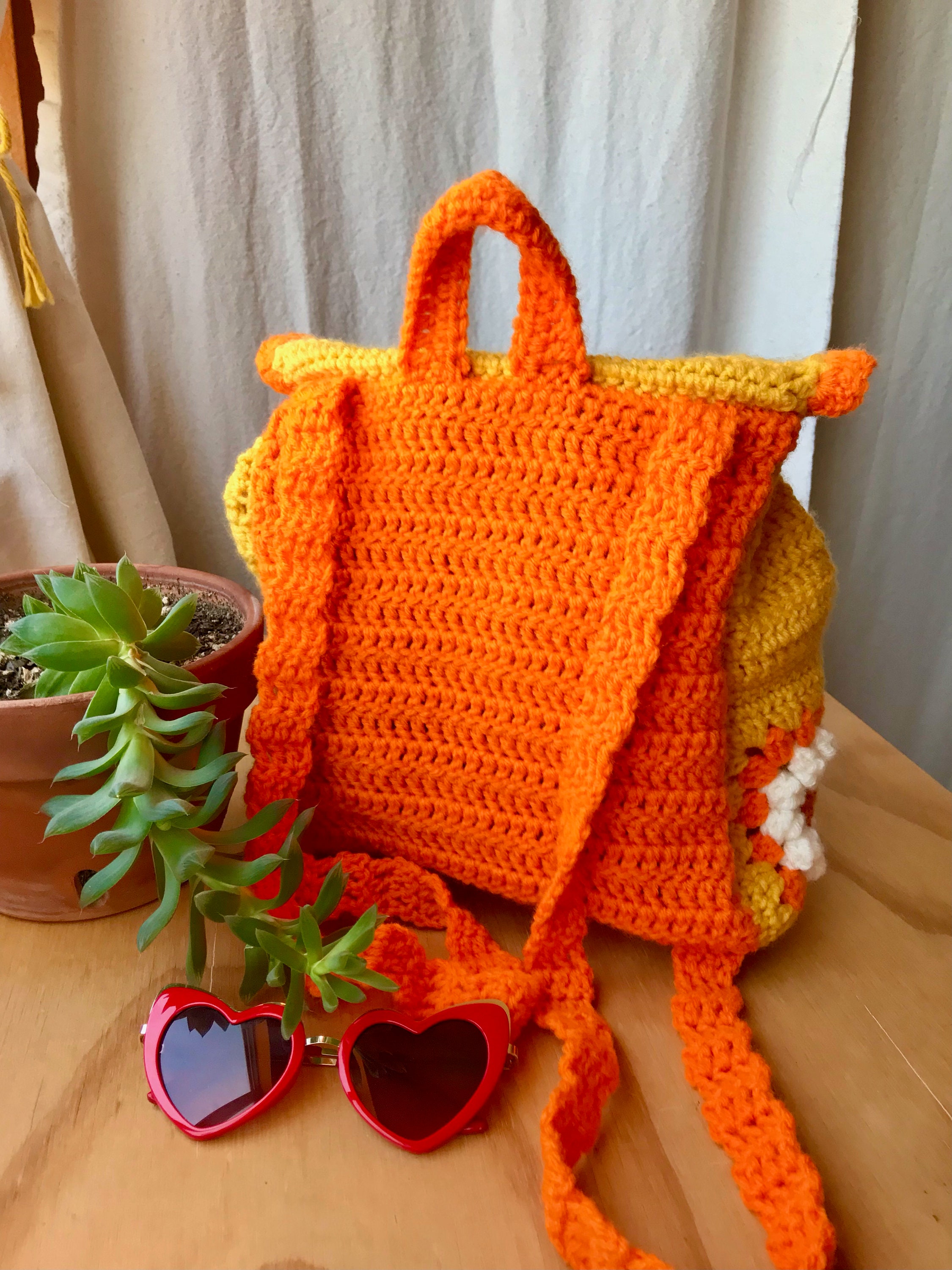 70s Crochet Daisy Backpack, Yellow Daisy Crochet Backpack, Boho Daisy ...