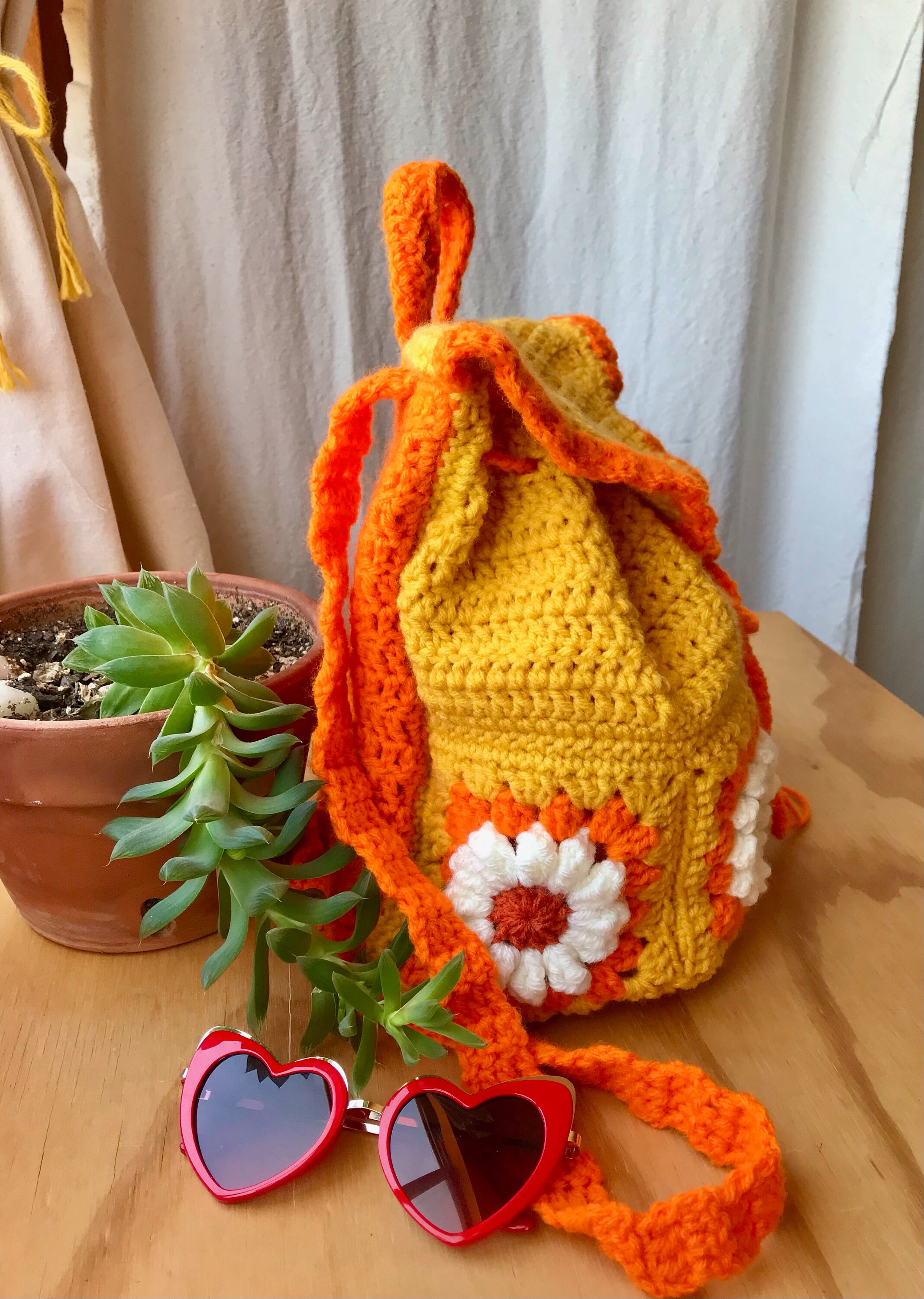 70s Crochet Daisy Backpack, Yellow Daisy Crochet Backpack, Boho Daisy ...