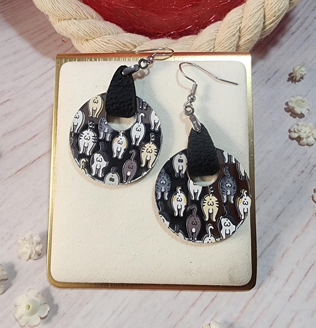 2 Styles, Mirrored Cat Butt and Balls, Cat Earrings, Cat Butt Earrings ...