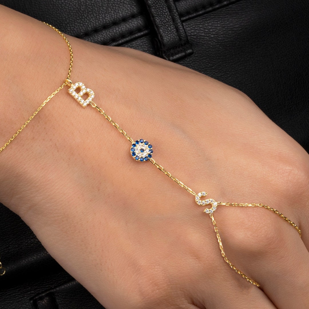 Evil Eye, Hand Chain Bracelet, Silver Hand Chain, Initial Bracelet ...