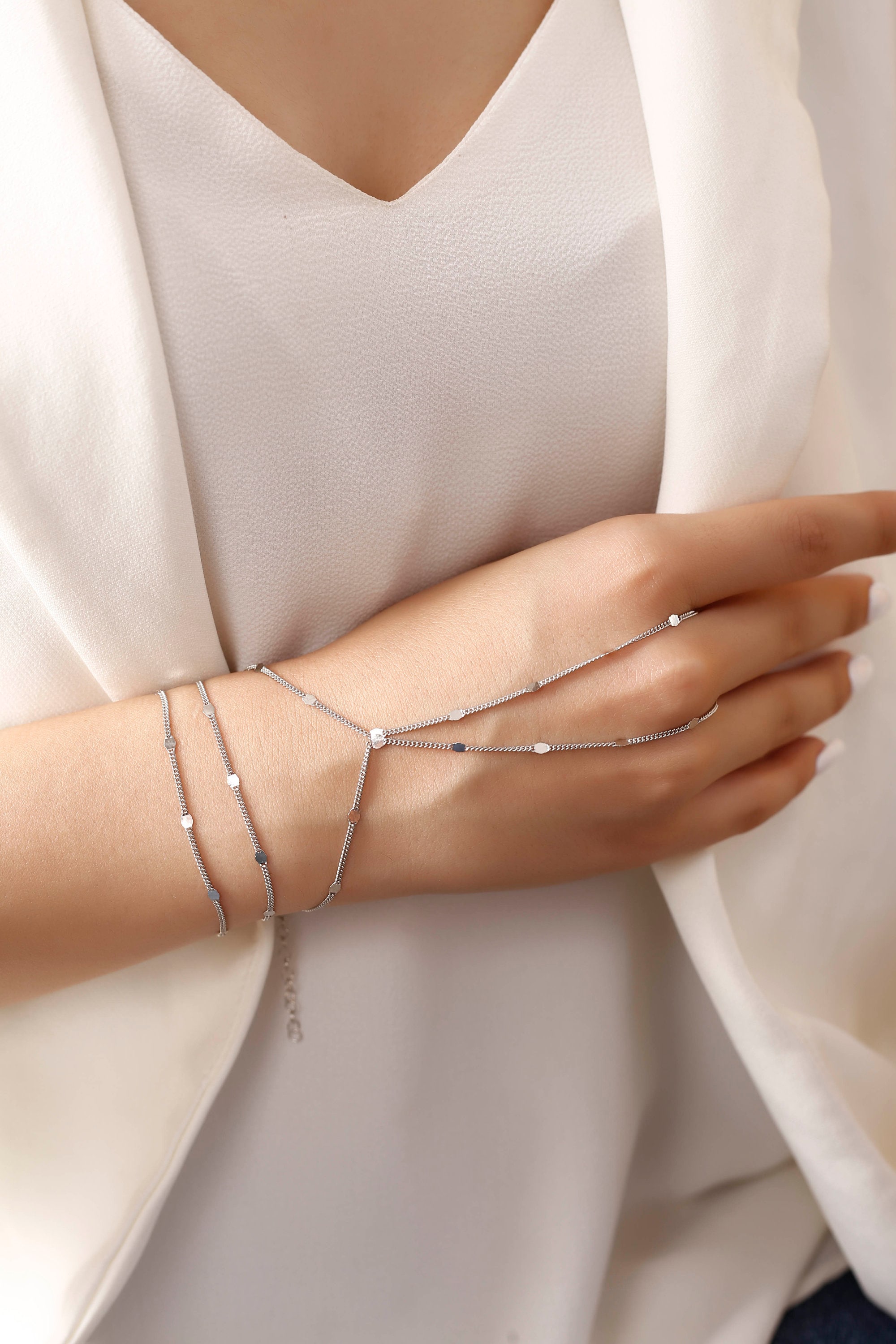 925 Solid Silver Hand Chain, Curb Slave Chain Asjustable Bracelet ...