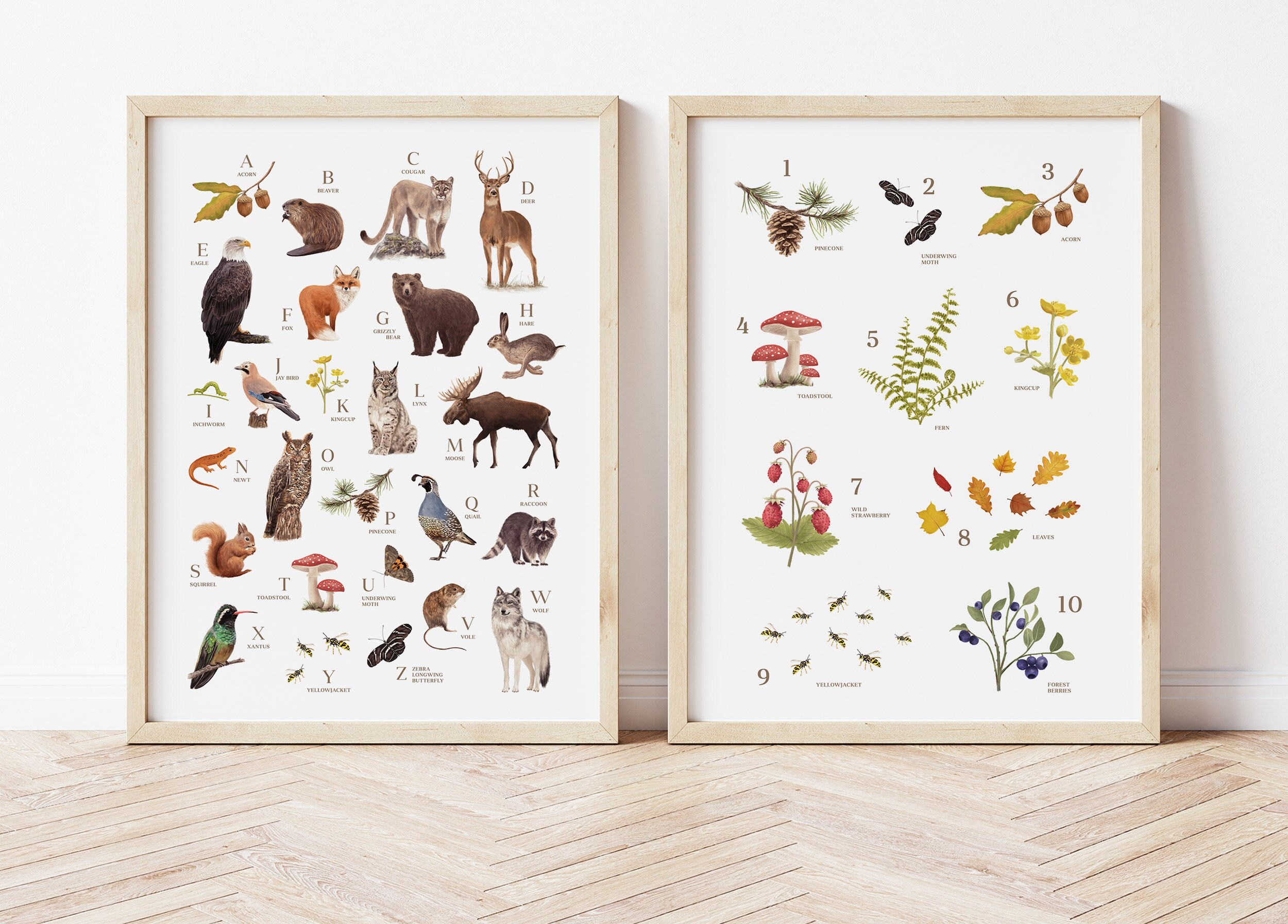 Woodland Alphabet Numbers Poster Set of Two Animal ABC Print | Etsy