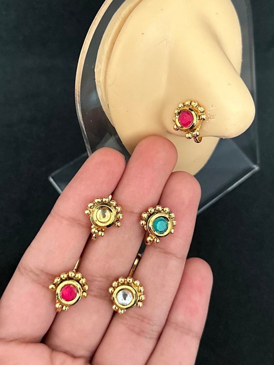 Kundan Nose Ring, Indian Non-piercing Clip on Nosering, Nose Cuffs ...