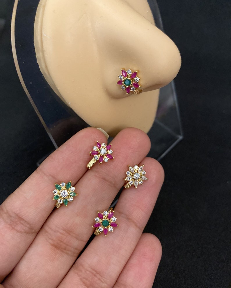 South India Flower Nose Ring/press on Gold Nose Pin/fake Nose Cuffs/ear ...