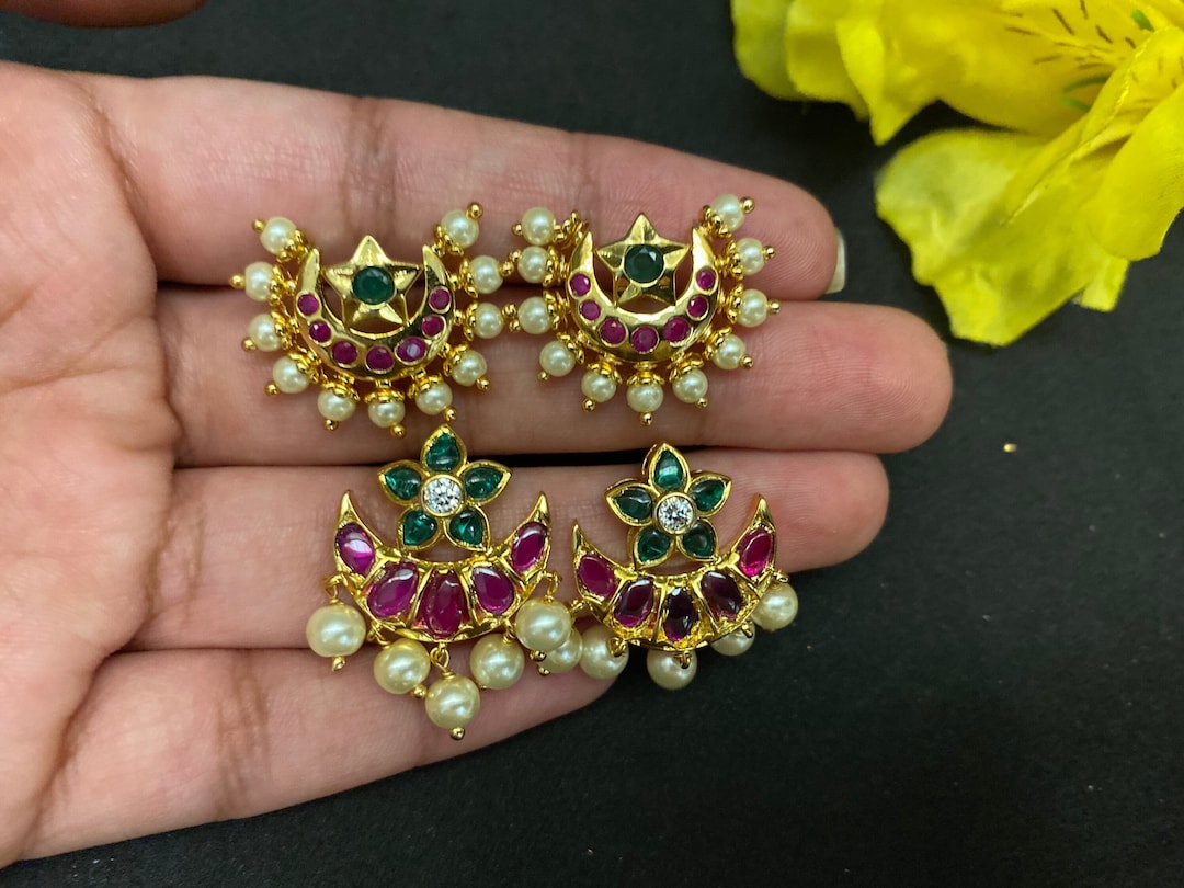 India Gold Kempu Stud Earrings/pota Stone Stud Earrings/halfmoon ...
