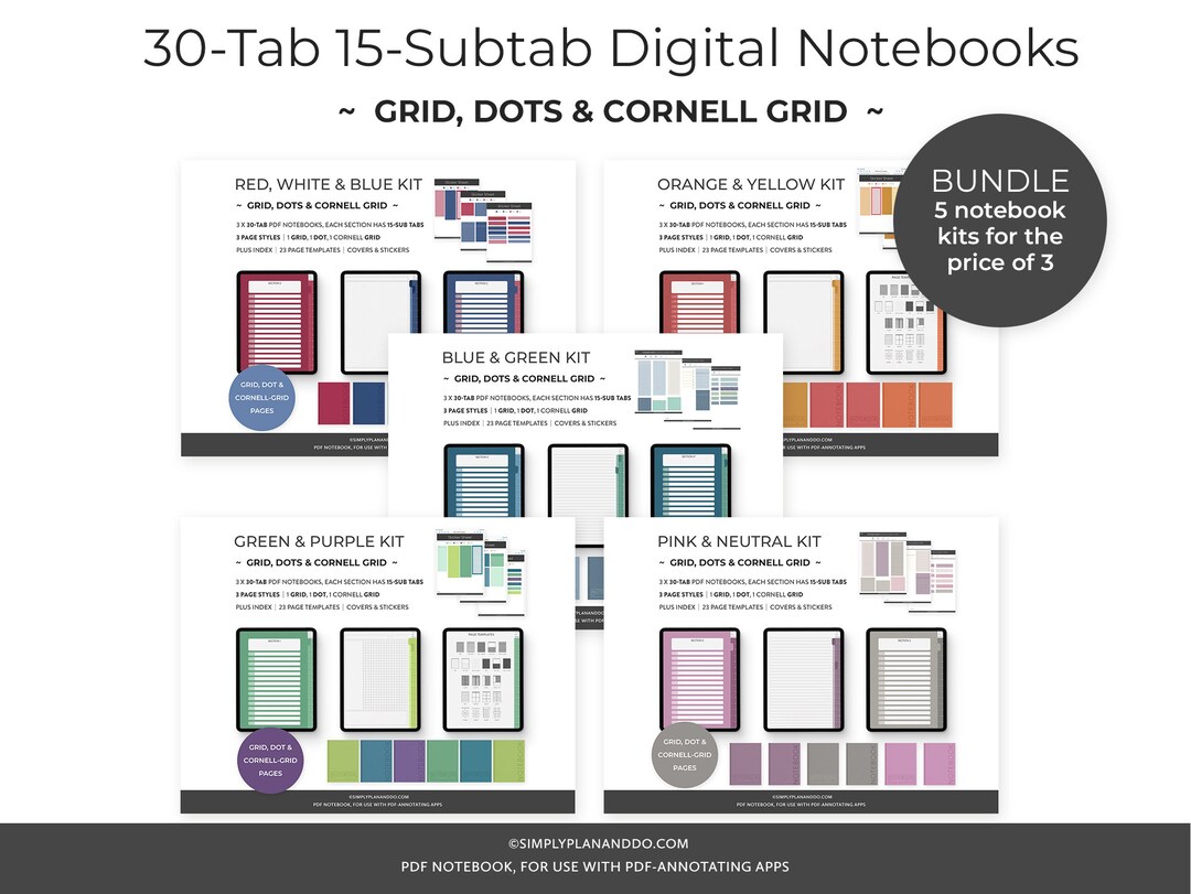 BUNDLE 5 KITS | 3 X 30-tab 15-sub Tab Digital Notebooks | With 15 ...