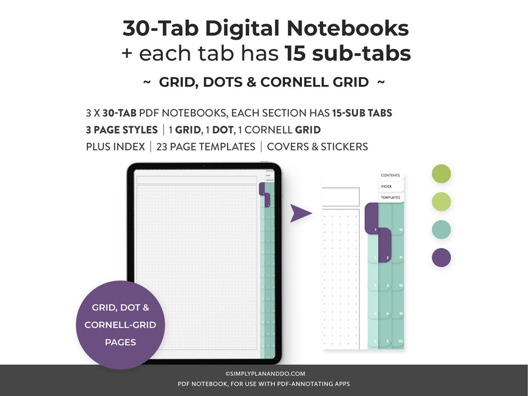 3 X 30-tab 15-sub Tab Digital Notebooks With 15 Subtabs Grid, Dot ...
