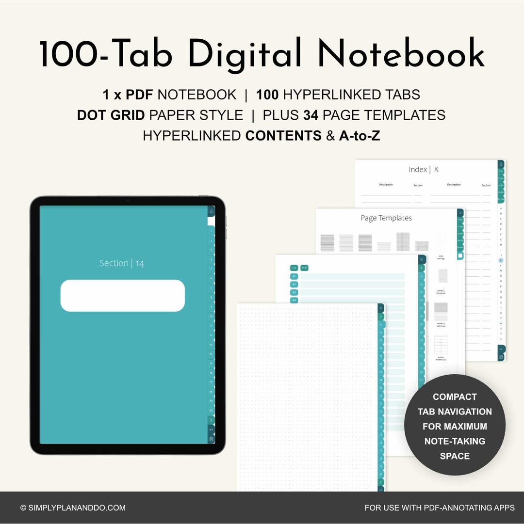 100-tab Digital Notebook | Dot Grid Plus 32 Page Templates | Goodnotes ...