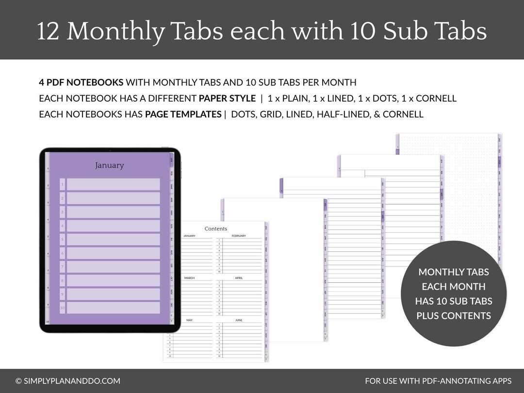 Digital Notebooks With Monthly Tabs, Each With 10 Subtabs | Plain ...