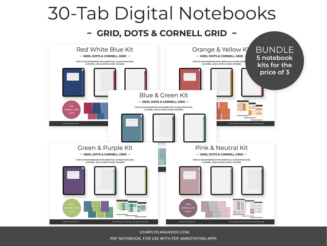 BUNDLE | 5 KITS | 30-tab Digital Notebooks | Grid, Dots and Cornell ...