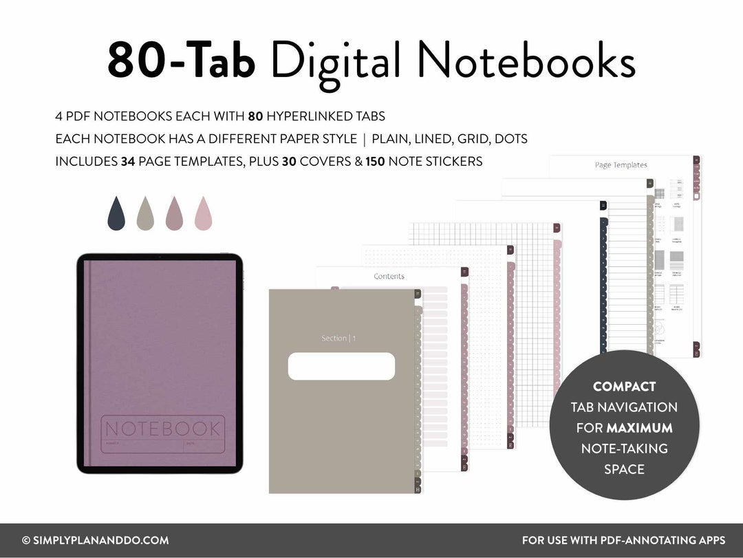 80-tab Digital Notebooks: Plain, Lined, Dot, Grid (PDF) - Etsy