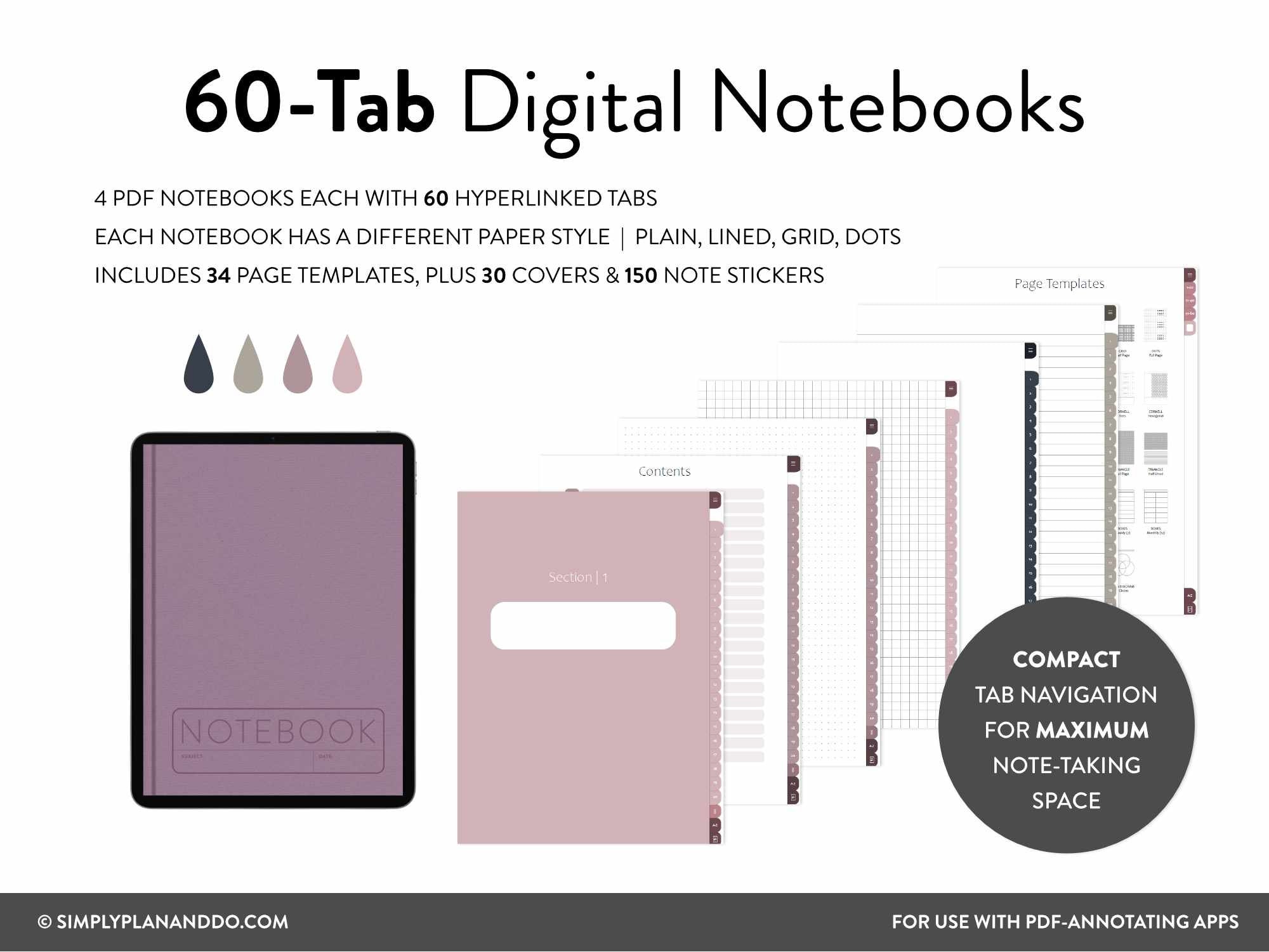 60-tab Digital Notebooks: Plain, Lined, Dot, Grid (PDF) - Etsy