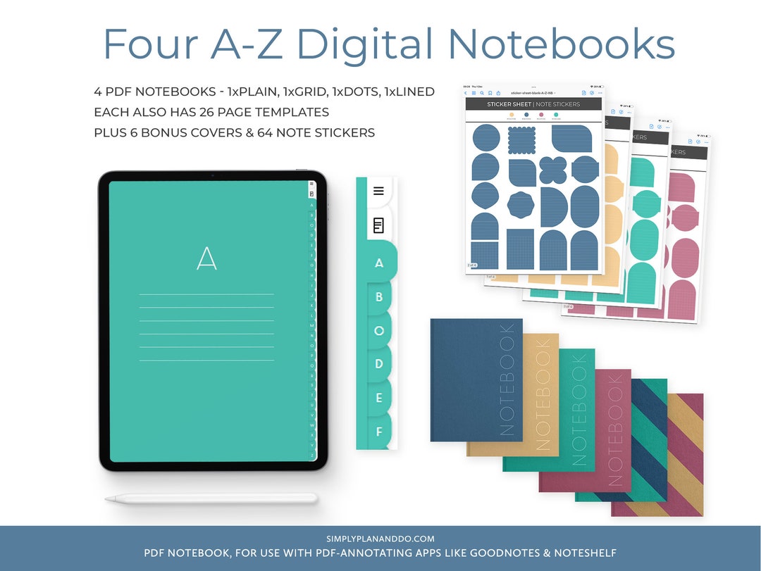 A-Z Digital Notebooks: Portrait, Grid, Lined, Dots (goodnotes Stickers ...
