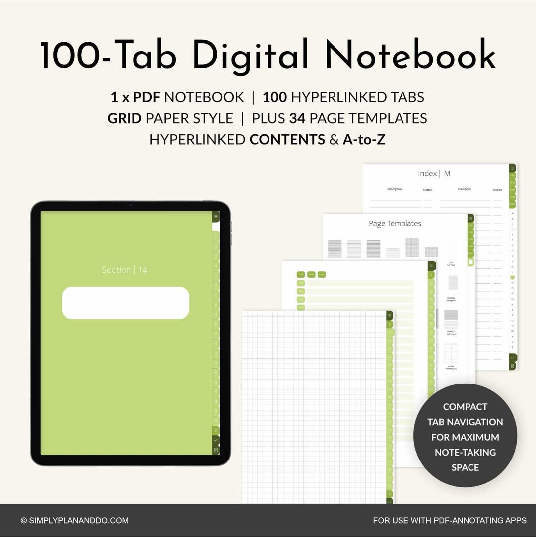 100-tab Digital Notebook | Grid Plus 32 Page Templates | Goodnotes ...