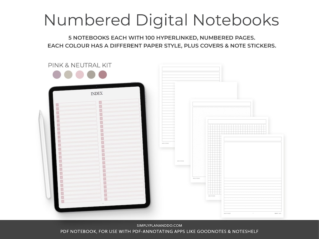 100-page Numbered Digital Notebook: Hyperlinked Set of 5 (PDF) - Etsy