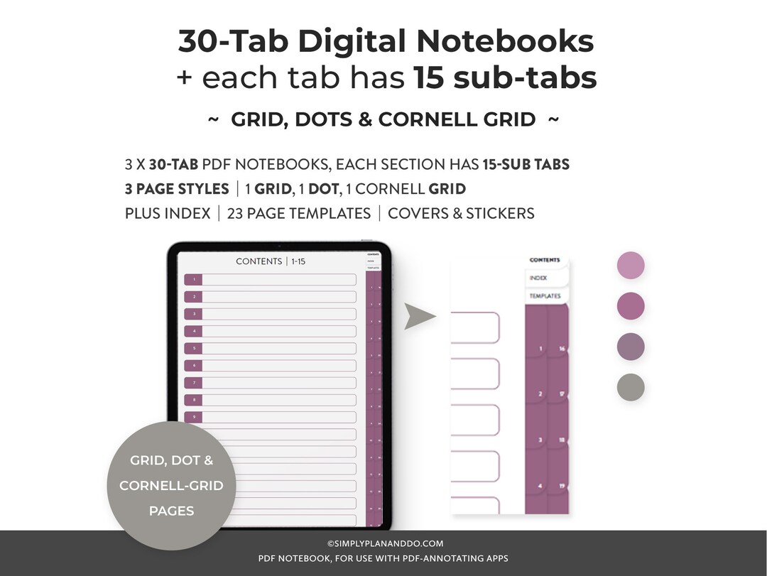 3 X 30-tab 15-sub Tab Digital Notebooks | With 15 Subtabs | Grid, Dot ...