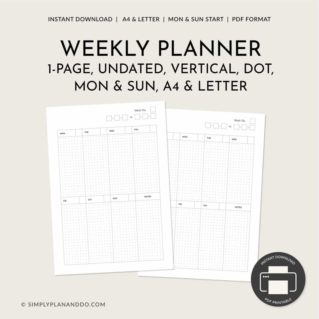 Dot Grid Weekly Planner Printable: Undated Vertical Layout (PDF ...
