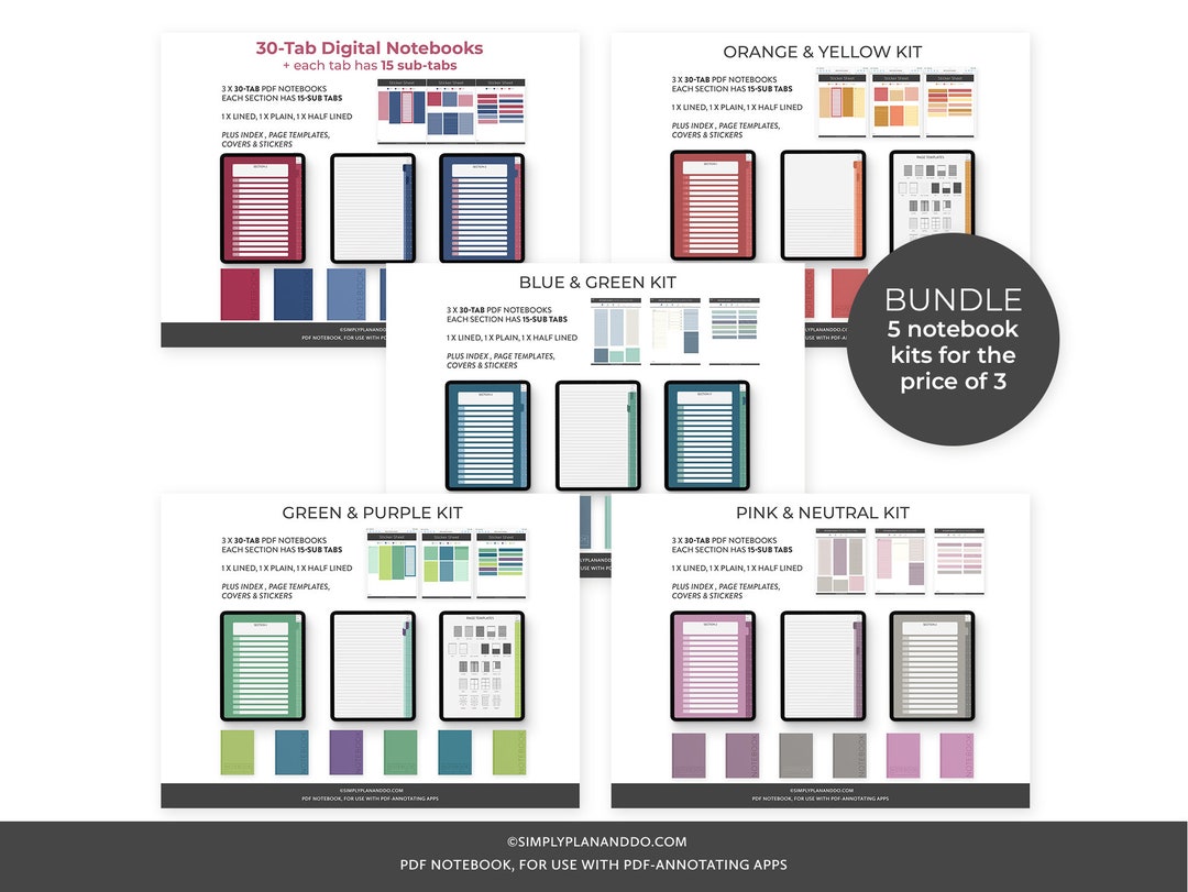 BUNDLE | 5 KITS | 30-tab 15-subtab Digital Notebooks | Lined, Plain and ...