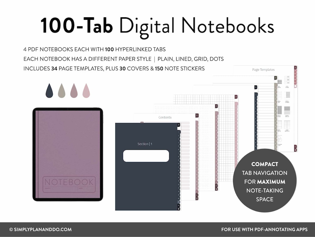 100-tab Digital Notebooks: Plain, Lined, Dot, Grid (PDF) - Etsy