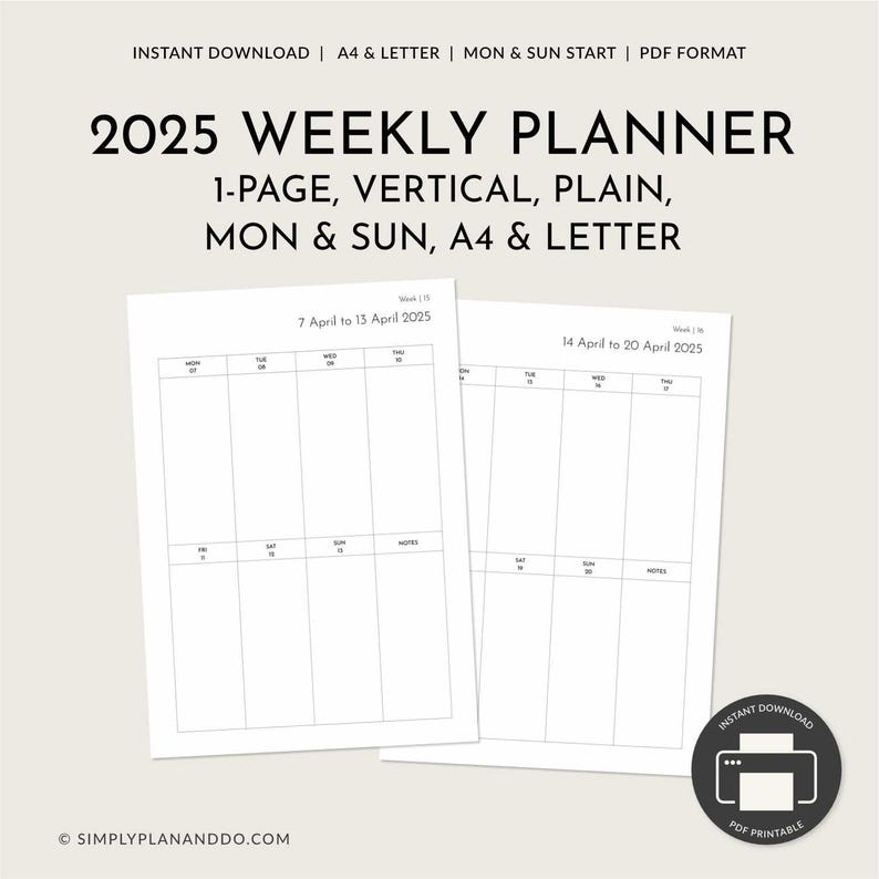 2025 Weekly Planner Printables, Instant Download, Vertical, Portrait ...