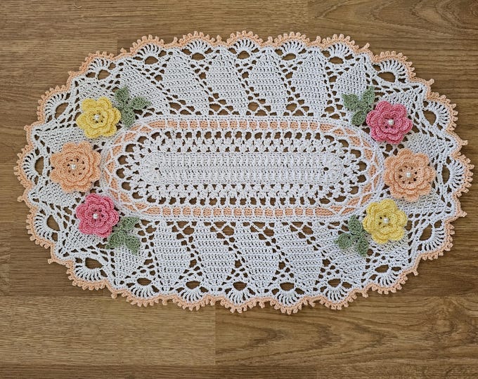 MADE TO ORDER, Handmade Crocheted Peach Oval Doily With Pink, Peach and ...