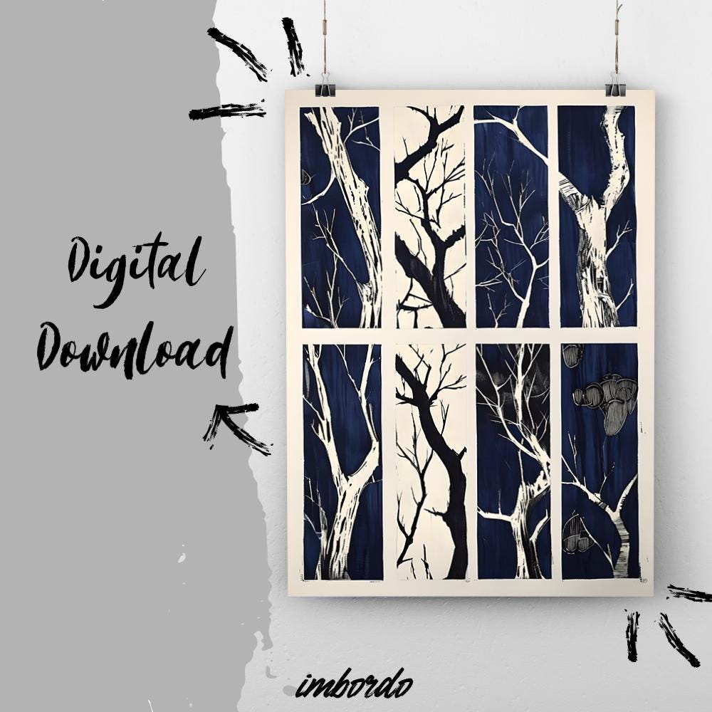 Digital Download - Modern Woodcut Tree Print – Minimalist Branches Wall ...
