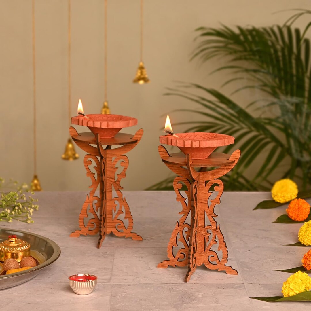 Diya Stand Wooden Traditional Deepam Stand Hand Crafted Diya Set for ...
