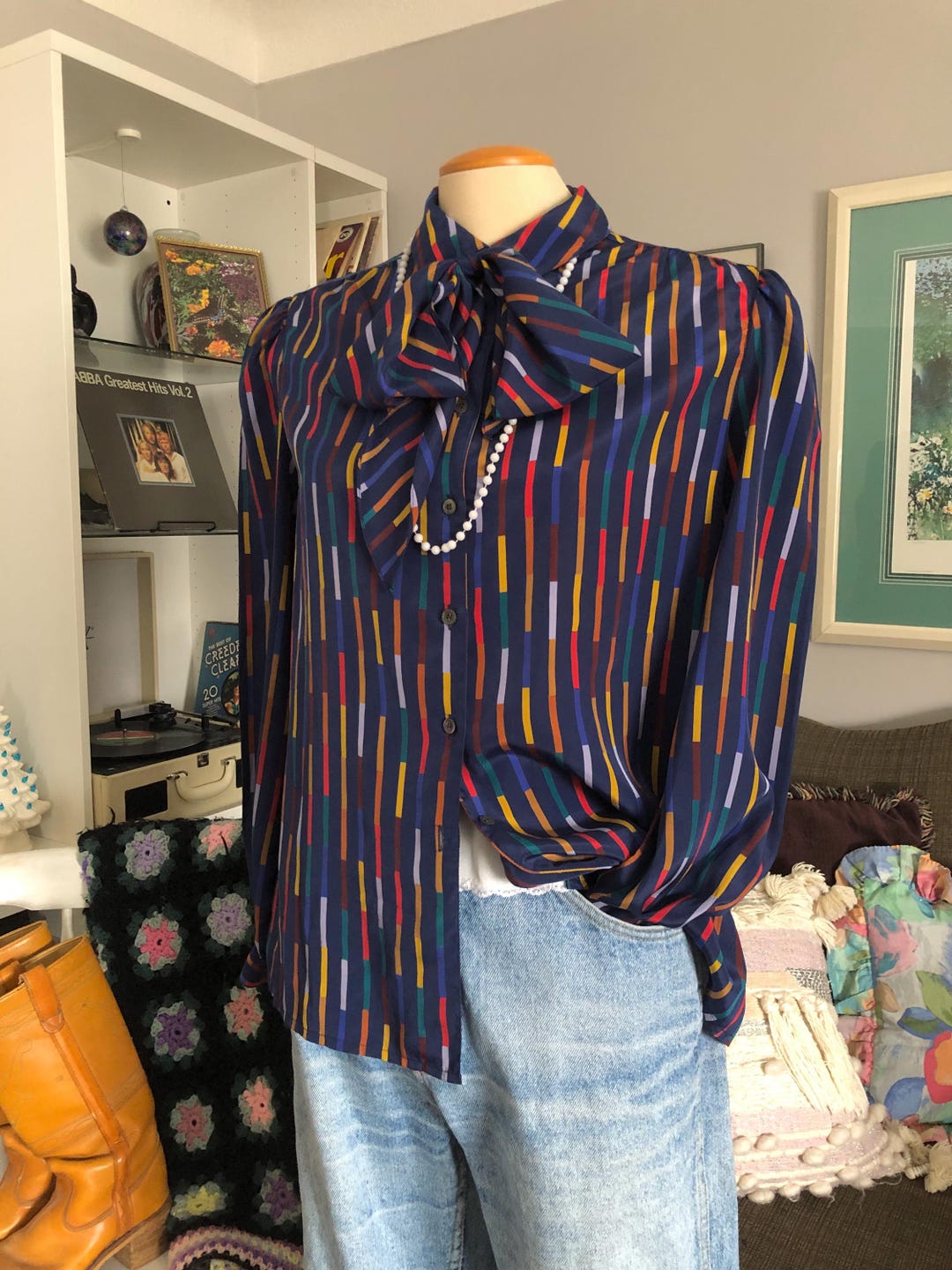 Vintage Leo Chevalier Blouse With Scarf, Navy Colorful Stripe - Etsy