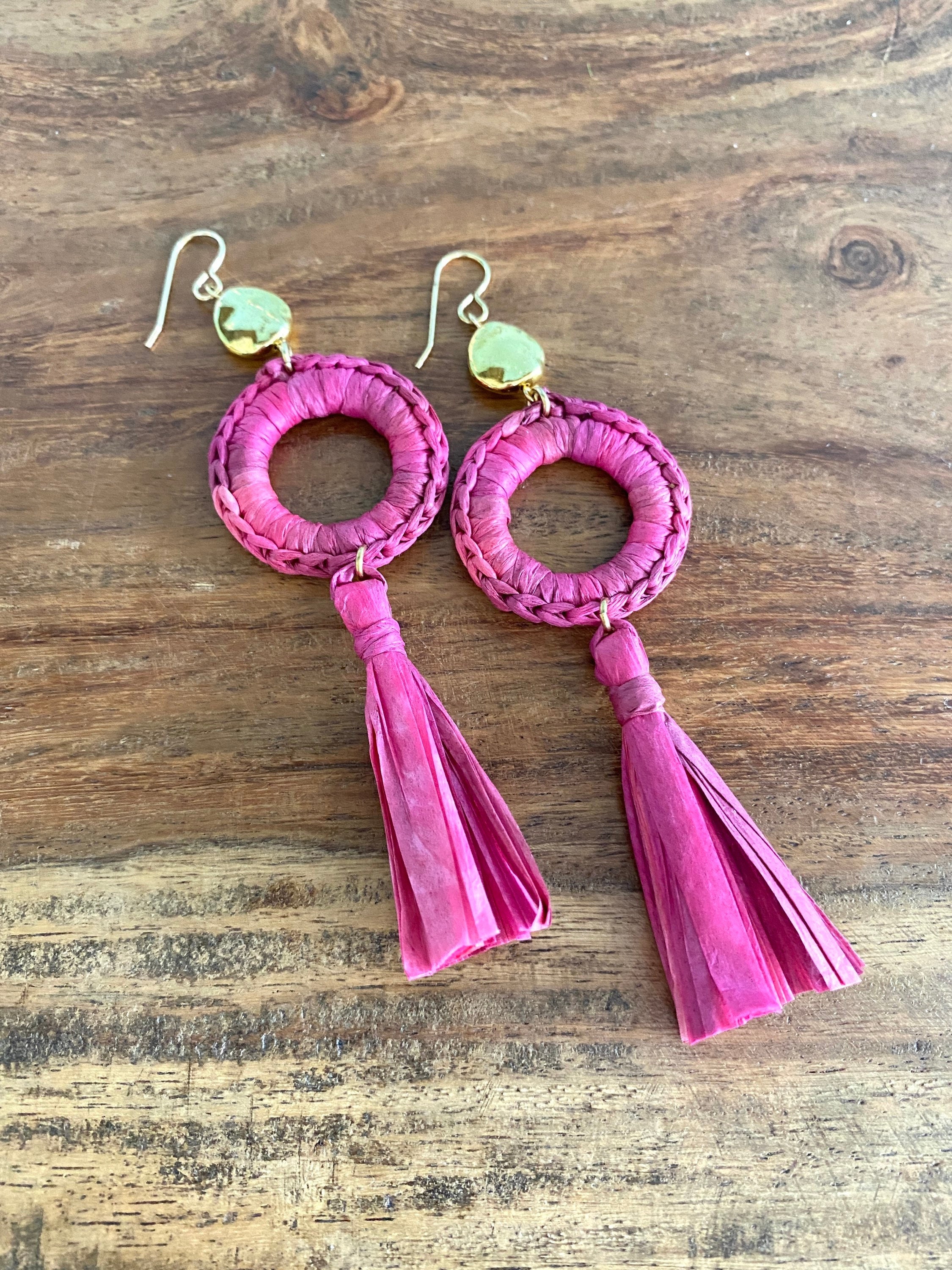 Raffia Earrings Tassel Earrings Crochet Circle Earrings Pink Statement Earrings Handmade Earrings Paper Earrings Beachy Boho Earrings Etsy UK