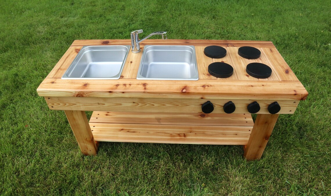 Simple Mud Kitchen With Shelf | Outdoor Pretend Kitchen With Working ...