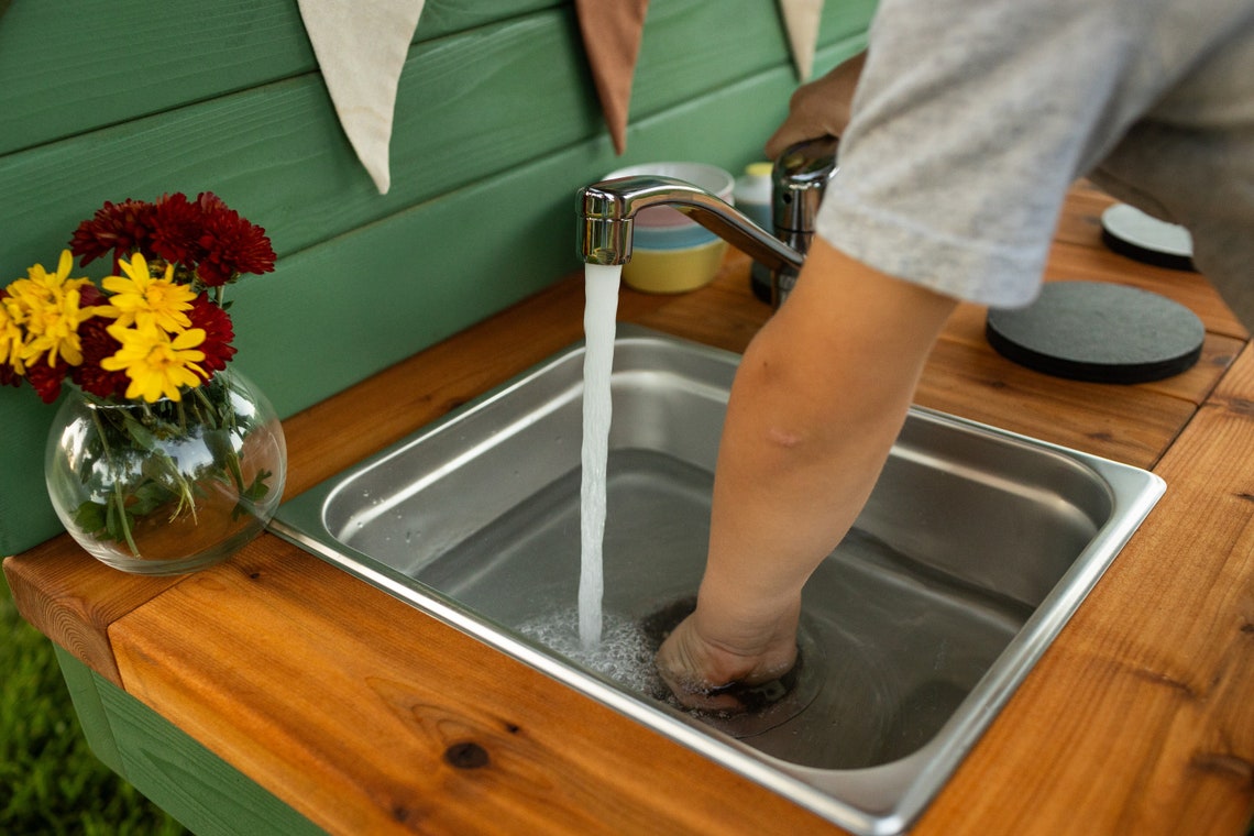 Painted Centered Mud Kitchen With Backsplash | Outdoor Pretend Kitchen ...