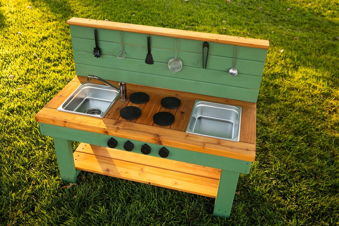 Painted Centered Mud Kitchen With Backsplash | Outdoor Pretend Kitchen ...