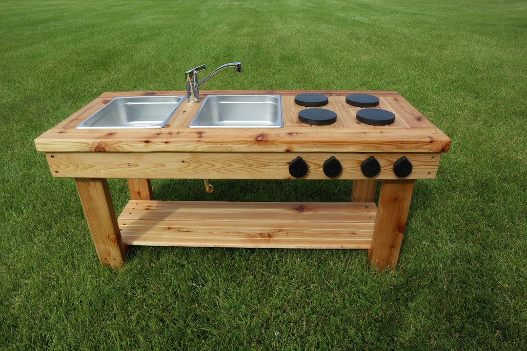 Simple Mud Kitchen With Shelf | Outdoor Pretend Kitchen With Working ...