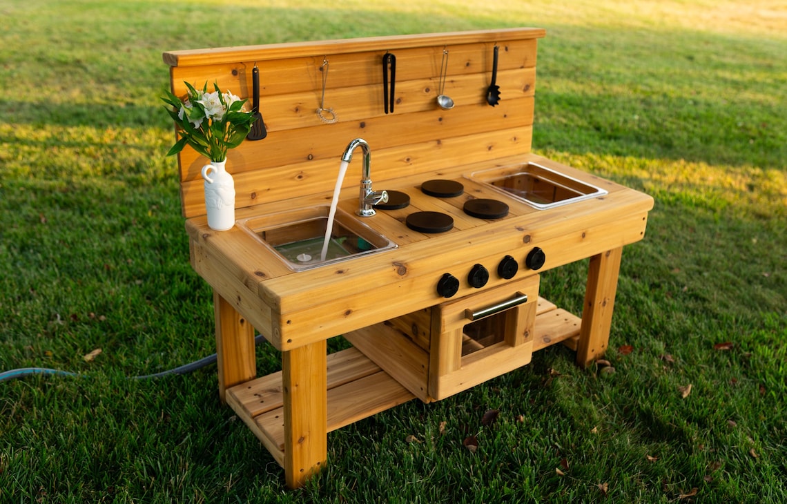 Centered Working Sink Mud Kitchen With Oven | Cedar Play Kitchen for ...