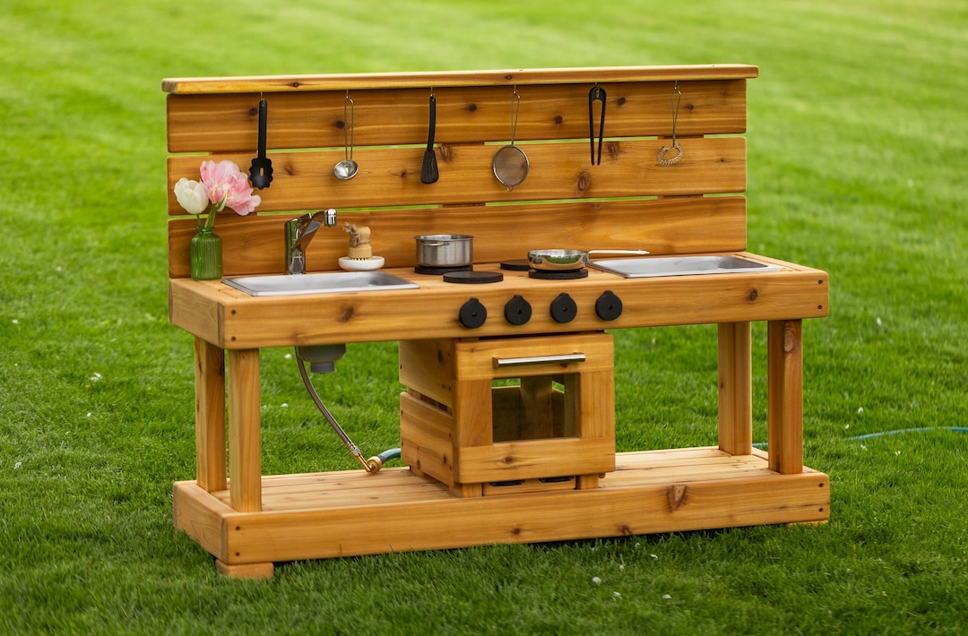 Centered Working Sink Mud Kitchen With Oven | Cedar Play Kitchen for ...