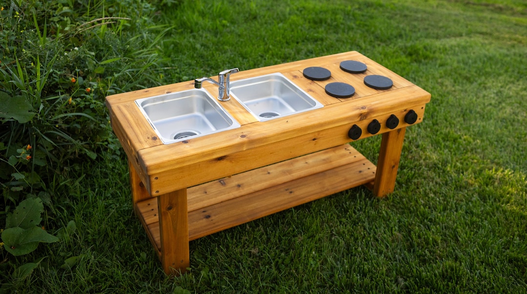 Simple Mud Kitchen With Shelf | Outdoor Pretend Kitchen With Working ...