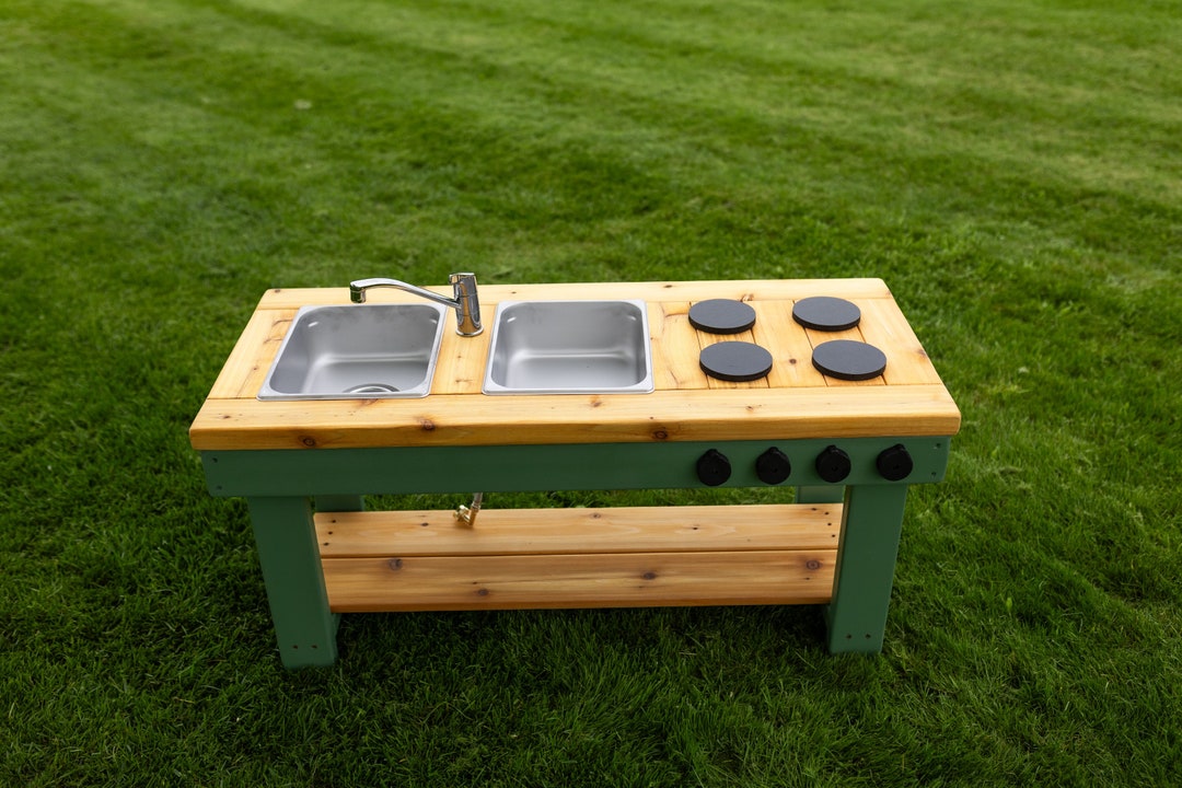 Painted Simple Mud Kitchen With Shelf | Outdoor Pretend Kitchen Working ...
