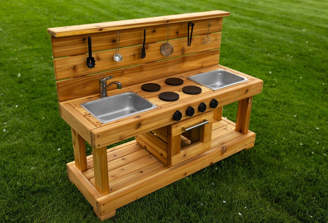 Centered Working Sink Mud Kitchen With Oven | Cedar Play Kitchen for ...