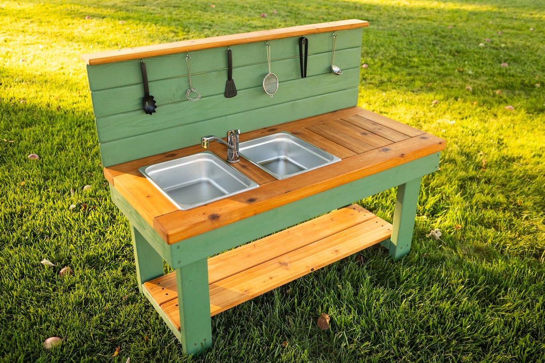 Painted Mud Kitchen With Backsplash | Outdoor Pretend Kitchen & Working ...